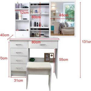 saicheng White Dressing Table with Sliding Lighted Mirror, Makeup Vanity Set with 5 Storage Drawers Shelves, Dresser Desk & Cushioned Stool Set for Bedroom