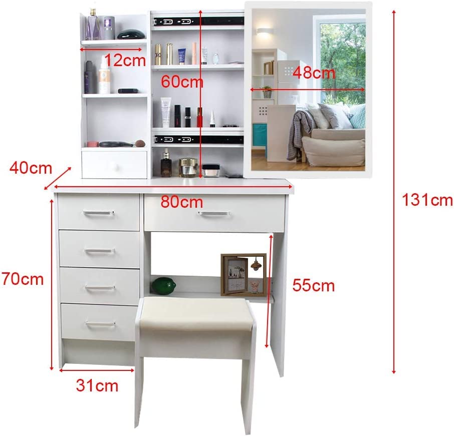 saicheng White Dressing Table with Sliding Lighted Mirror, Makeup Vanity Set with 5 Storage Drawers Shelves, Dresser Desk & Cushioned Stool Set for Bedroom