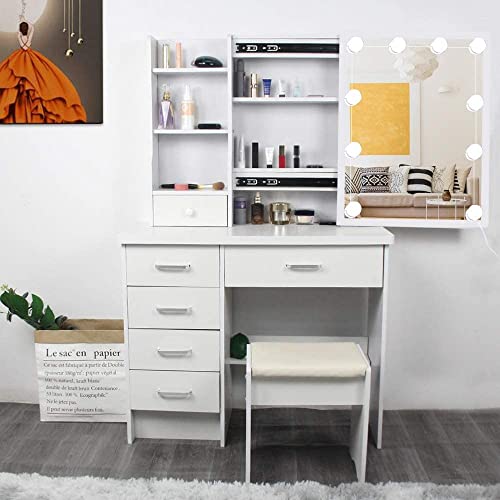 saicheng White Dressing Table with Sliding Lighted Mirror, Makeup Vanity Set with 5 Storage Drawers Shelves, Dresser Desk & Cushioned Stool Set for Bedroom