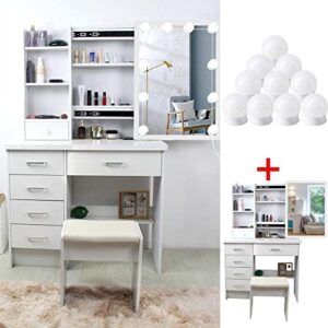 saicheng White Dressing Table with Sliding Lighted Mirror, Makeup Vanity Set with 5 Storage Drawers Shelves, Dresser Desk & Cushioned Stool Set for Bedroom