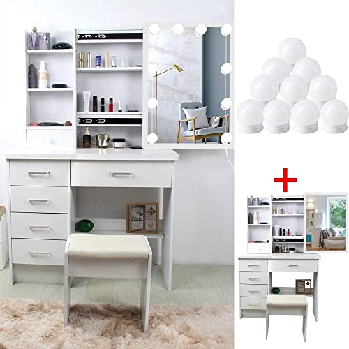 saicheng White Dressing Table with Sliding Lighted Mirror, Makeup Vanity Set with 5 Storage Drawers Shelves, Dresser Desk & Cushioned Stool Set for Bedroom