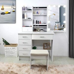 saicheng White Dressing Table with Sliding Lighted Mirror, Makeup Vanity Set with 5 Storage Drawers Shelves, Dresser Desk & Cushioned Stool Set for Bedroom