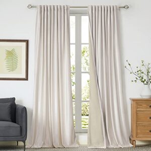 100% blackout ivory off white velvet curtains 96 inch long for living room,set of 2 panels liner rod pocket back tab thermal window drapes room darkening heavy decorative curtains for bedroom