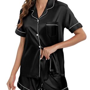 HPWUZK Women's Satin Pajamas sets Short Sleeve Sleepwear Soft Silk Button Down Loungewear Pjs Shorts Set Black