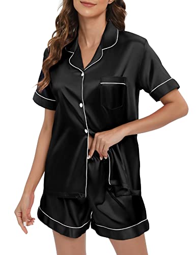 HPWUZK Women's Satin Pajamas sets Short Sleeve Sleepwear Soft Silk Button Down Loungewear Pjs Shorts Set Black