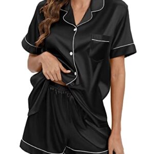 HPWUZK Women's Satin Pajamas sets Short Sleeve Sleepwear Soft Silk Button Down Loungewear Pjs Shorts Set Black