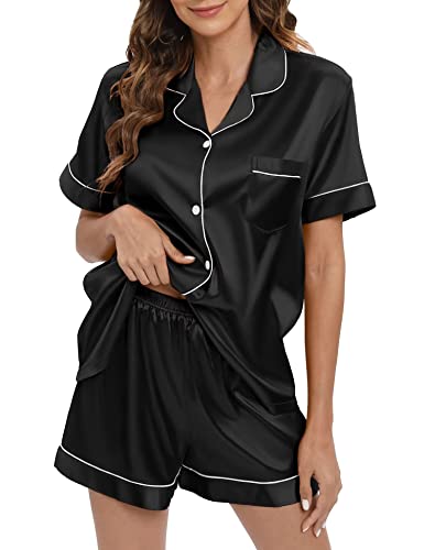 HPWUZK Women's Satin Pajamas sets Short Sleeve Sleepwear Soft Silk Button Down Loungewear Pjs Shorts Set Black