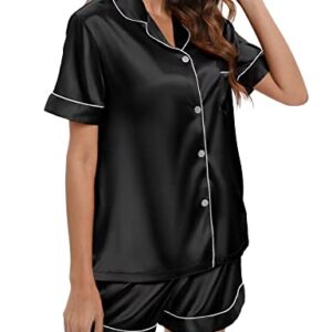 HPWUZK Women's Satin Pajamas sets Short Sleeve Sleepwear Soft Silk Button Down Loungewear Pjs Shorts Set Black