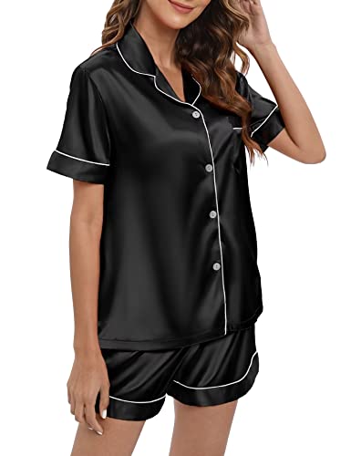 HPWUZK Women's Satin Pajamas sets Short Sleeve Sleepwear Soft Silk Button Down Loungewear Pjs Shorts Set Black