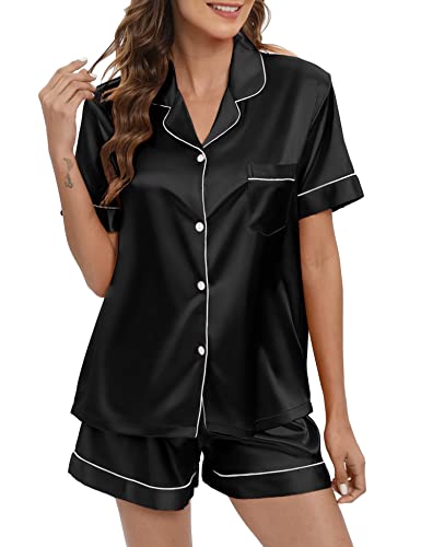 HPWUZK Women's Satin Pajamas sets Short Sleeve Sleepwear Soft Silk Button Down Loungewear Pjs Shorts Set Black