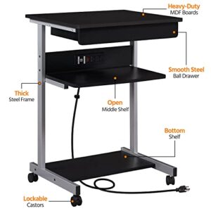 Topeakmart Mobile Laptop Desk Compact Computer Table on Wheels with Power Outlet and USB Ports, Home Office Writing Desk with Charging Station and Printer Shelf Small Desk 22in for Space Saving, Black