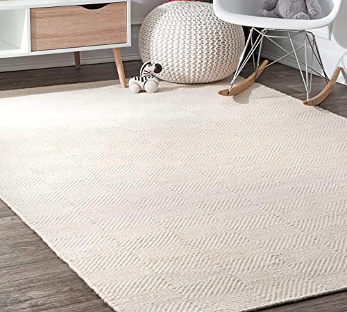 Handwoven Wool Area Rug- Natural Yarn- Contemporary Farmhouse Decor- ecofriendly Rugs for Bedroom Living Room (Ivory, 5'x8')