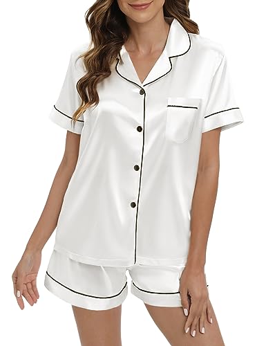 HPWUZK Womens Silk Satin Pajamas Set Short Sleeve Loungewear Two-Piece Sleepwear Button-Down Pj Set with Pockets White