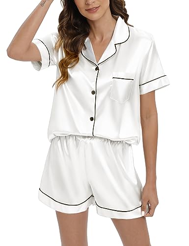 HPWUZK Womens Silk Satin Pajamas Set Short Sleeve Loungewear Two-Piece Sleepwear Button-Down Pj Set with Pockets White