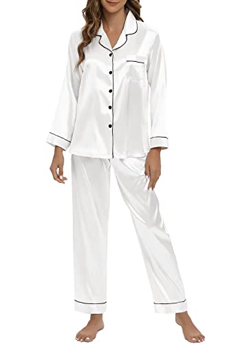 HPWUZK Pajamas for Women, Silk Satin Pajama Sets for Women Soft, Button Down Womens Loungewear Set with Pockets White