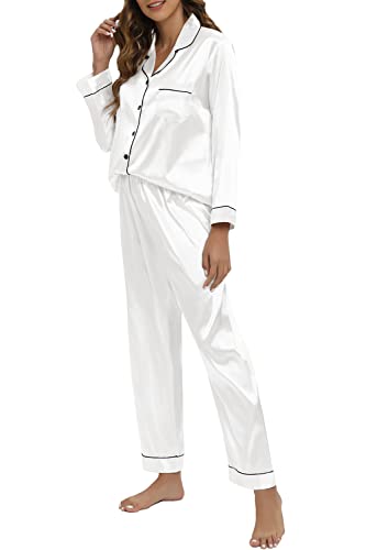 HPWUZK Pajamas for Women, Silk Satin Pajama Sets for Women Soft, Button Down Womens Loungewear Set with Pockets White