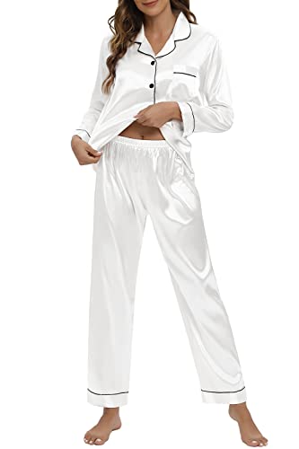 HPWUZK Pajamas for Women, Silk Satin Pajama Sets for Women Soft, Button Down Womens Loungewear Set with Pockets White