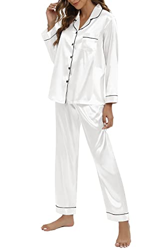 HPWUZK Pajamas for Women, Silk Satin Pajama Sets for Women Soft, Button Down Womens Loungewear Set with Pockets White