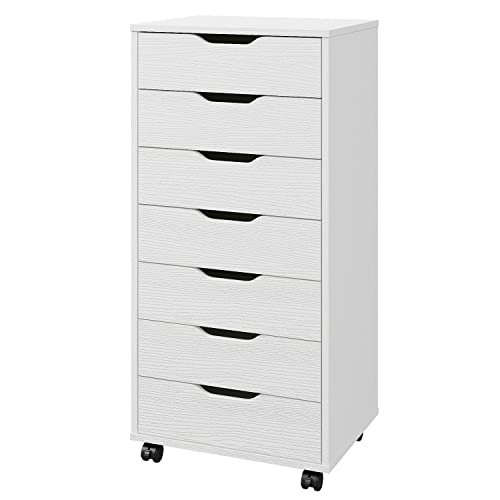 Panana 5/7 Drawer Chest, Wooden Tall Dresser Storage Dresser Cabinet with Wheels, Office Organization and Storage, Bedroom Furniture (White, 7 Drawer)