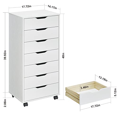 Panana 5/7 Drawer Chest, Wooden Tall Dresser Storage Dresser Cabinet with Wheels, Office Organization and Storage, Bedroom Furniture (White, 7 Drawer)