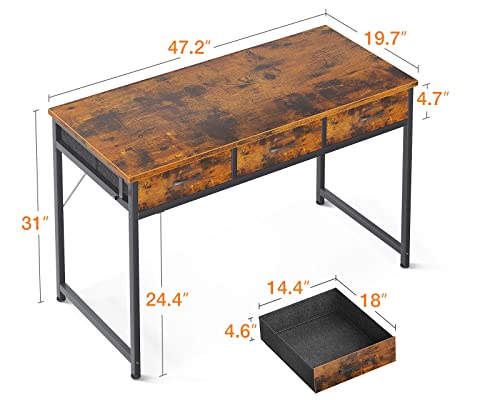 ODK 48 Inch Computer Desk with 3 Fabric Drawer, Home Office Desk Modern Work Writing Study Desk, Vintage