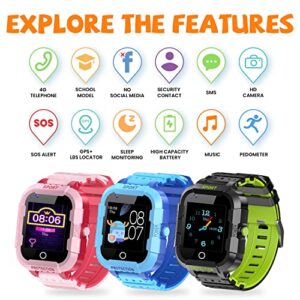 Smart Watch for Kids with SIM Card, 4G Kids GPS Tracker Watch, Bluetooth Wi-Fi Call Video & Voice Chat SOS Pedometer, Kids Cell Phone Watch Christmas Birthday Gifts for 3-15 Boys(75-Blue)