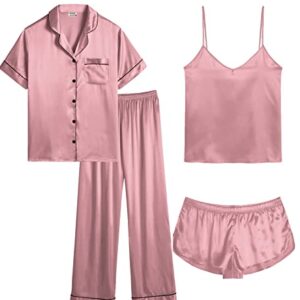 SWOMOG Silk Satin Pajama Set for Plus Size Women Short Summer Pajamas Set Loose Button-Down Pjs Rose Pink 24W Sleepwear