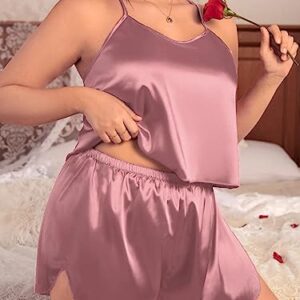 SWOMOG Silk Satin Pajama Set for Plus Size Women Short Summer Pajamas Set Loose Button-Down Pjs Rose Pink 24W Sleepwear