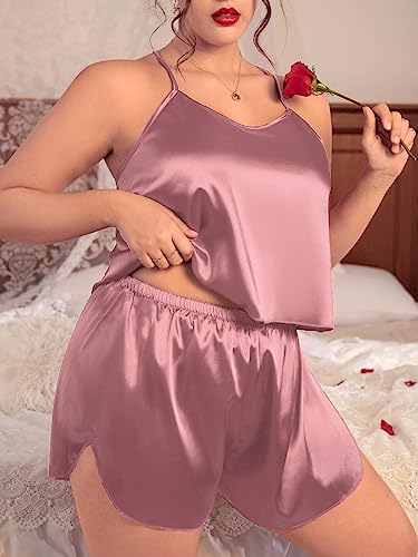 SWOMOG Silk Satin Pajama Set for Plus Size Women Short Summer Pajamas Set Loose Button-Down Pjs Rose Pink 24W Sleepwear