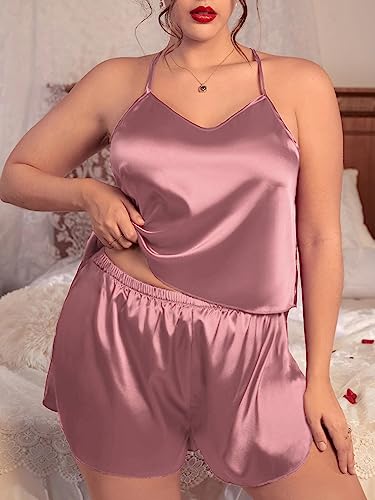 SWOMOG Silk Satin Pajama Set for Plus Size Women Short Summer Pajamas Set Loose Button-Down Pjs Rose Pink 24W Sleepwear