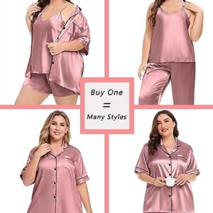 SWOMOG Silk Satin Pajama Set for Plus Size Women Short Summer Pajamas Set Loose Button-Down Pjs Rose Pink 24W Sleepwear