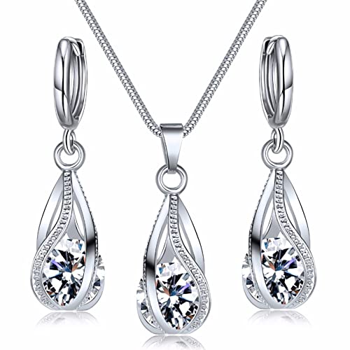 IFKM silver Jewelry Sets for women girls Rhinestone Crystal CZ Bridal Bridesmaid Accessories Necklace Earrings set for Wedding Prom Anniversary Birthday Gifts (White)