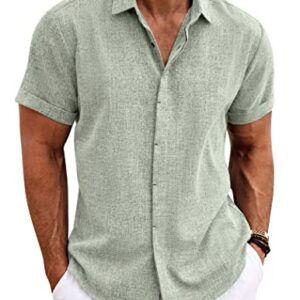 COOFANDY Men's Casual Button Down Shirts Linen Untucked Business Fitted Casual Shirt Short Sleeve Light Green