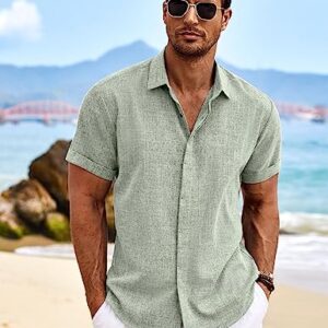 COOFANDY Men's Casual Button Down Shirts Linen Untucked Business Fitted Casual Shirt Short Sleeve Light Green