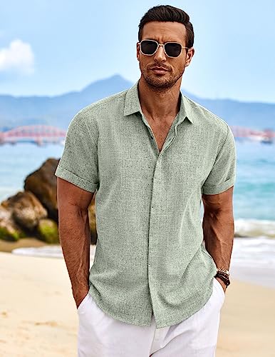 COOFANDY Men's Casual Button Down Shirts Linen Untucked Business Fitted Casual Shirt Short Sleeve Light Green