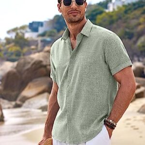 COOFANDY Men's Casual Button Down Shirts Linen Untucked Business Fitted Casual Shirt Short Sleeve Light Green