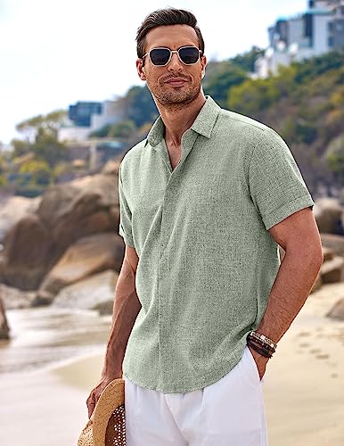 COOFANDY Men's Casual Button Down Shirts Linen Untucked Business Fitted Casual Shirt Short Sleeve Light Green