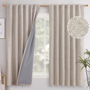 youngstex linen 100% blackout curtains for bedroom 63 inches length 2 panels, thermal insulated linen textured full room darkening curtains for living room back tab and rod pocket, 52 x 63 inch, beige