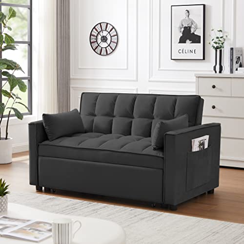 55.2" Modern Velvet Loveseat Futon Sofa Couch w/Pull-out Bed, Small Lounge Sofa w/Reclining Backrest, Toss Pillows, Pockets, Furniture for Living Room,3 in 1 Convertible Sleeper Sofa Bed, Black