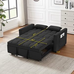 55.2" Modern Velvet Loveseat Futon Sofa Couch w/Pull-out Bed, Small Lounge Sofa w/Reclining Backrest, Toss Pillows, Pockets, Furniture for Living Room,3 in 1 Convertible Sleeper Sofa Bed, Black