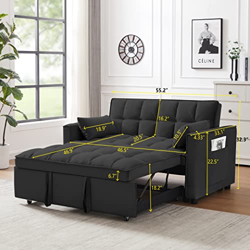 55.2" Modern Velvet Loveseat Futon Sofa Couch w/Pull-out Bed, Small Lounge Sofa w/Reclining Backrest, Toss Pillows, Pockets, Furniture for Living Room,3 in 1 Convertible Sleeper Sofa Bed, Black