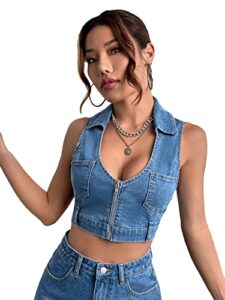 wdirara women's zipper up collared scoop neck sleeveless patched pockets denim tank top medium wash l