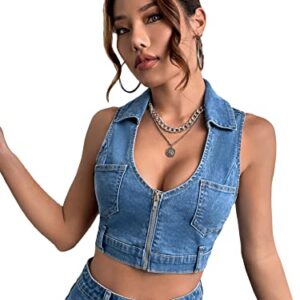 WDIRARA Women's Zipper Up Collared Scoop Neck Sleeveless Patched Pockets Denim Tank Top Medium Wash L