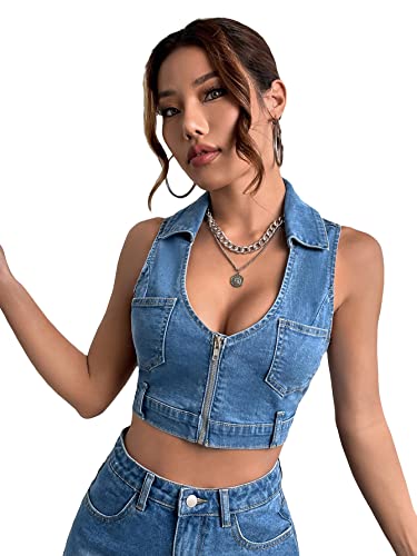 WDIRARA Women's Zipper Up Collared Scoop Neck Sleeveless Patched Pockets Denim Tank Top Medium Wash L