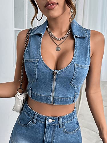 WDIRARA Women's Zipper Up Collared Scoop Neck Sleeveless Patched Pockets Denim Tank Top Medium Wash L