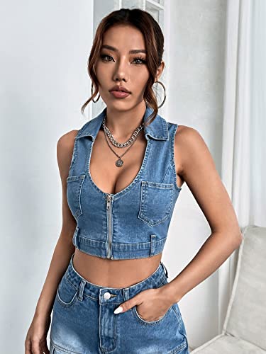 WDIRARA Women's Zipper Up Collared Scoop Neck Sleeveless Patched Pockets Denim Tank Top Medium Wash L