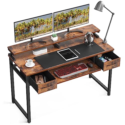 ODK Computer Desk with Keyboard Tray and Drawers, 48 inch Office Desk with Storage, Writing Desk with Monitor Shelf, Work Desk Workstation for Home Office/Bedroom, Rustic Brown