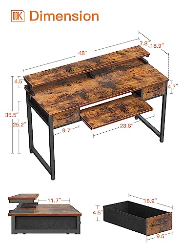 ODK Computer Desk with Keyboard Tray and Drawers, 48 inch Office Desk with Storage, Writing Desk with Monitor Shelf, Work Desk Workstation for Home Office/Bedroom, Rustic Brown