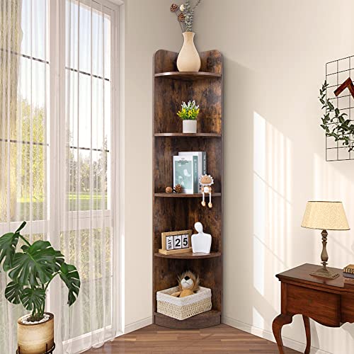 Fun Memories 5-Tier Corner Bookshelf - 63" Tall Modern FreeStanding Corner Bookcase - Durable Wood Corner Cabinet - Perfect for Living Rooms, Bedrooms and Offices - Brown