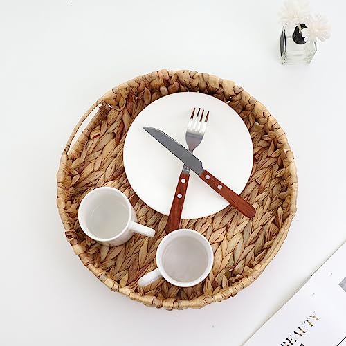 YRMT Water Hyacinth Serving Tray Round Woven Tray with Handles Boho Decorative Tray for Breakfast, Coffee, Table, Dining 13" x 13" x 2.3"